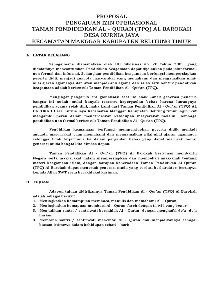 Proposal Pengajuan Izin Operasional Taman Pendididkan Alquran TPQ Al ...