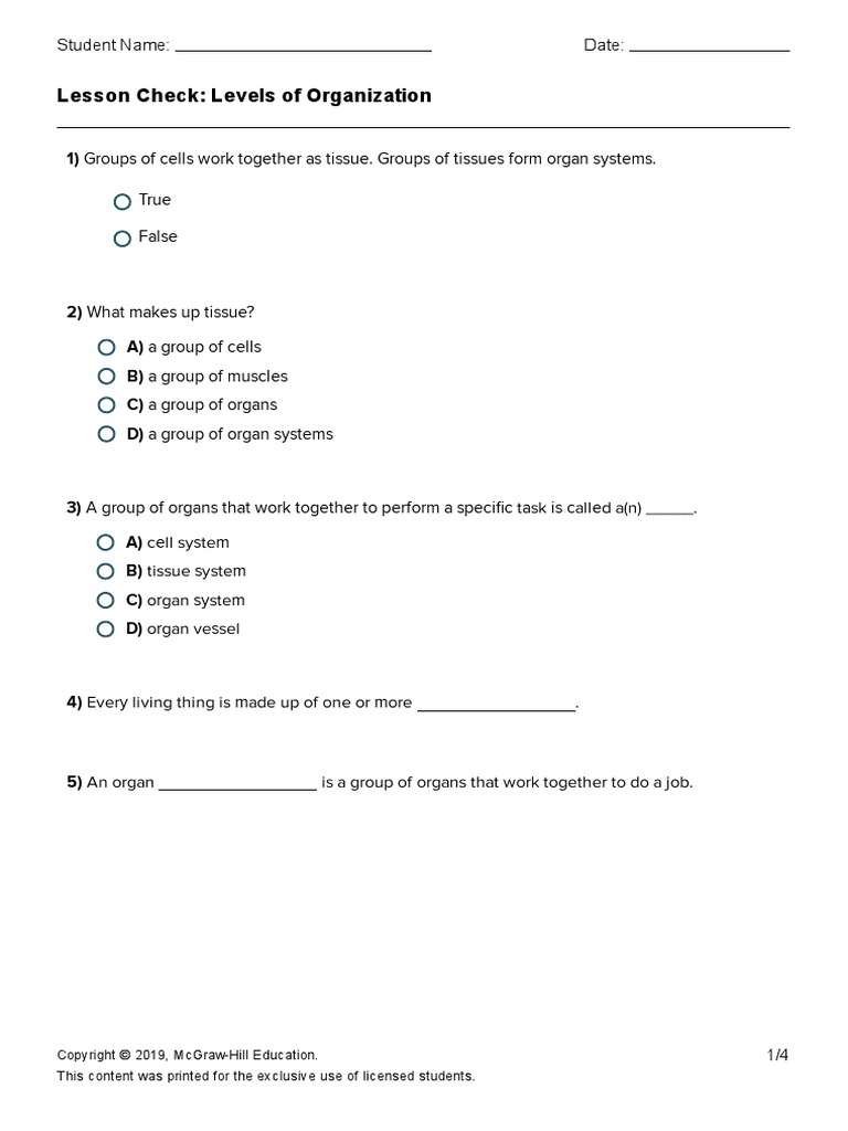 Lesson Check 1 Levels of Organization | PDF | Tissue (Biology) | Biology