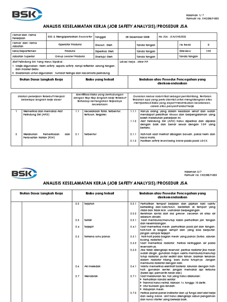 JSA Mengoperasikan Excavator | PDF