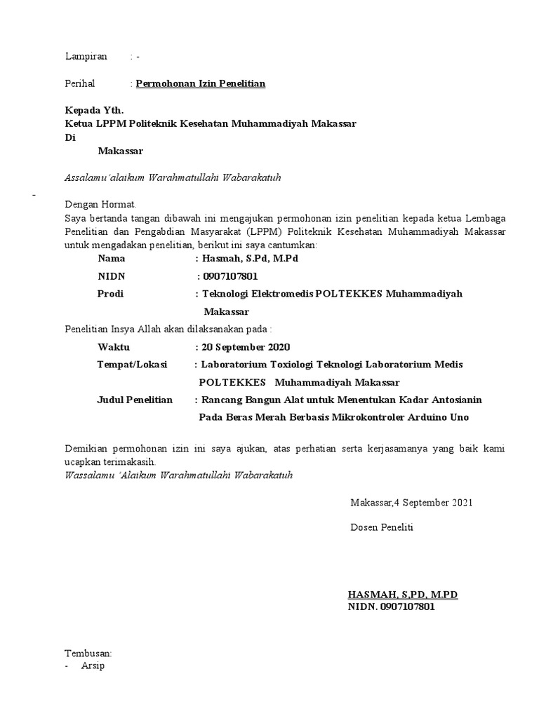 Surat Permohonan Izin Penelitian Dosen 2021 | PDF