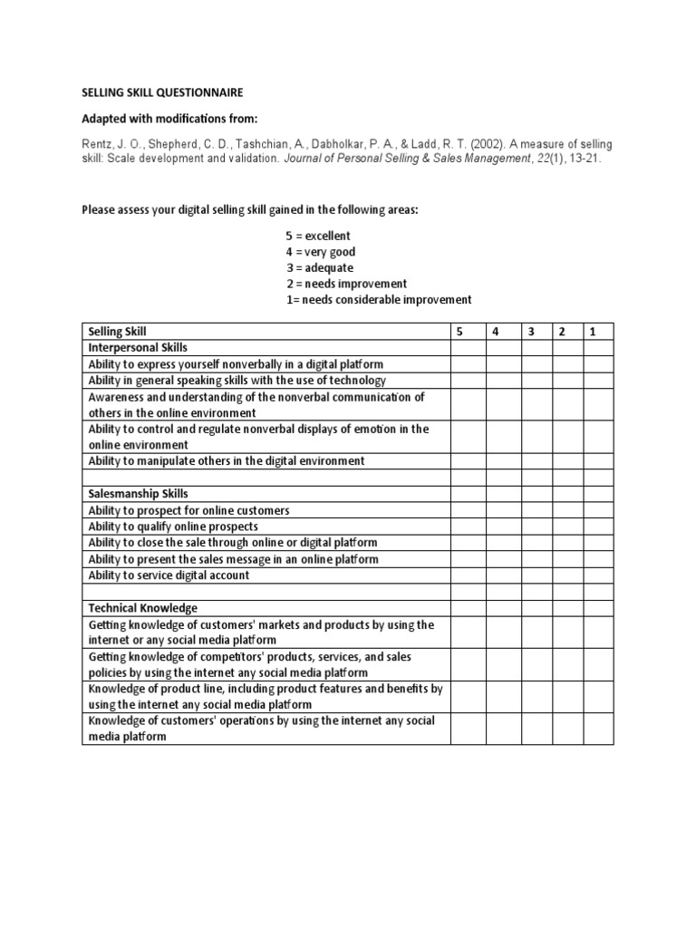 Digital Selling Skill Questionnaire | PDF