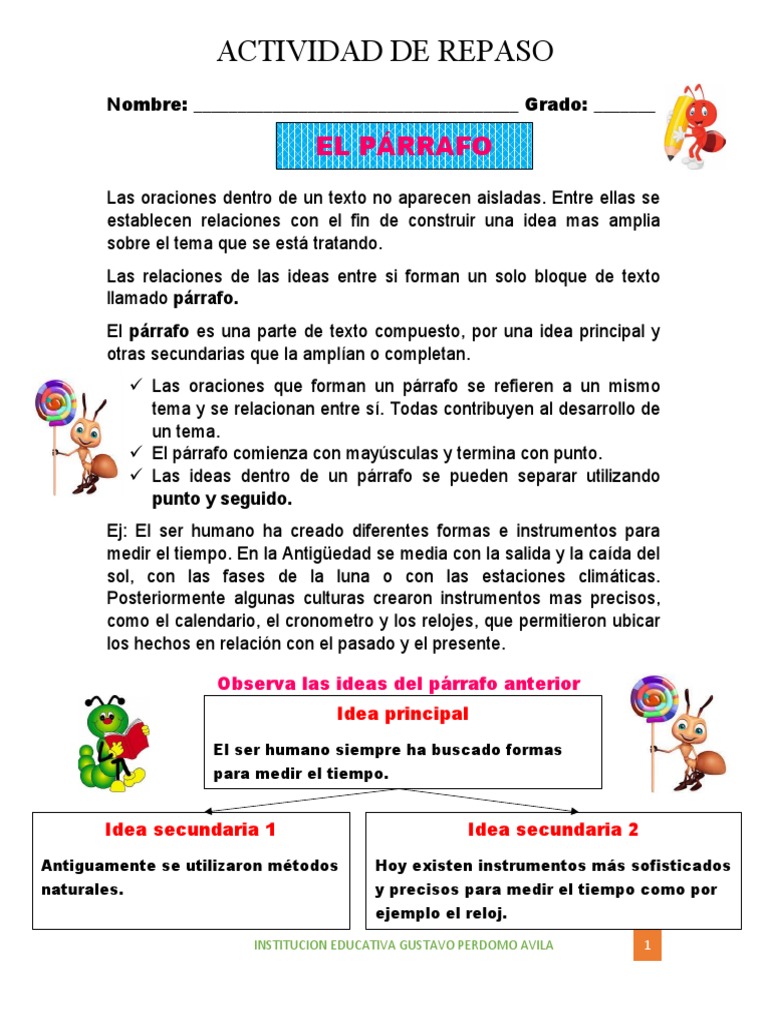 Actividades sobre el Párrafo para Niños | PDF | Hora