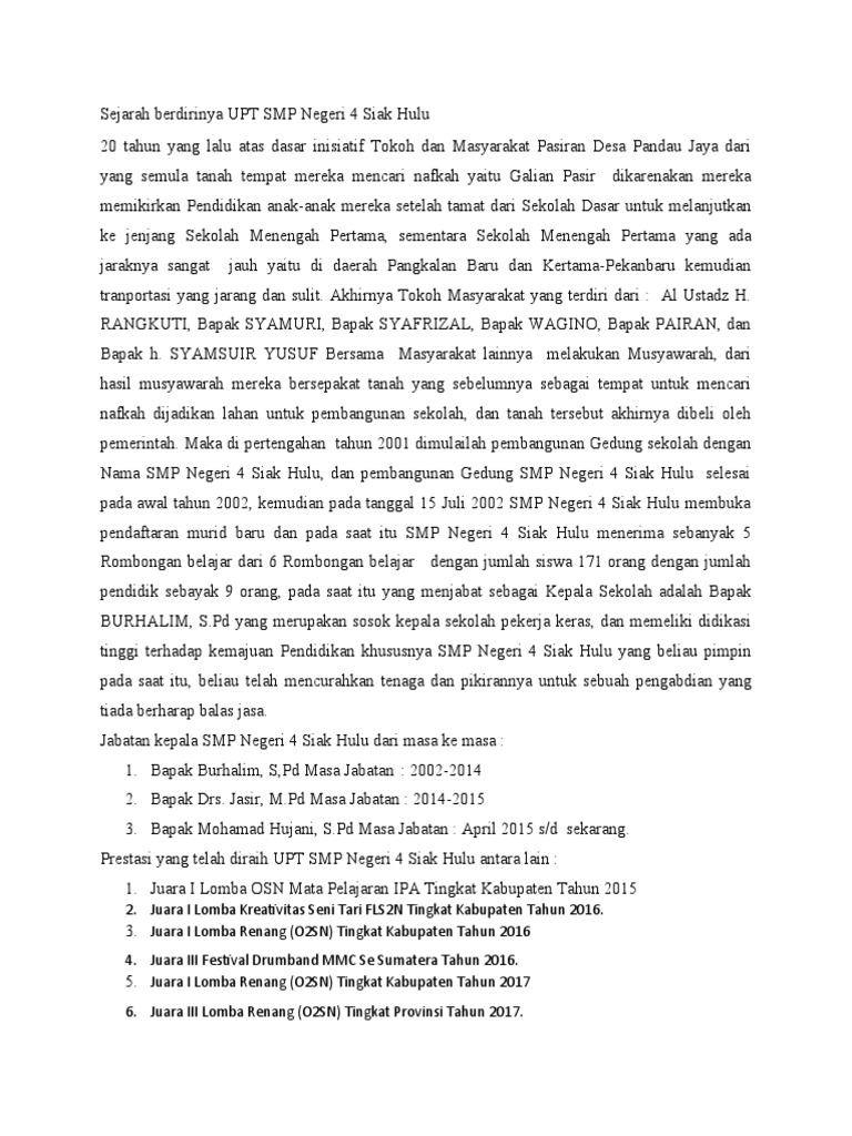 Narasi-Sejarah Berdirinya UPT SMP Negeri 4 Siak Hulu | PDF | Perjalanan