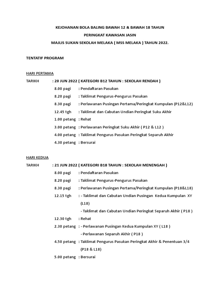 Tentatif Kejohanan Bola Baling Jasin 2022 | PDF
