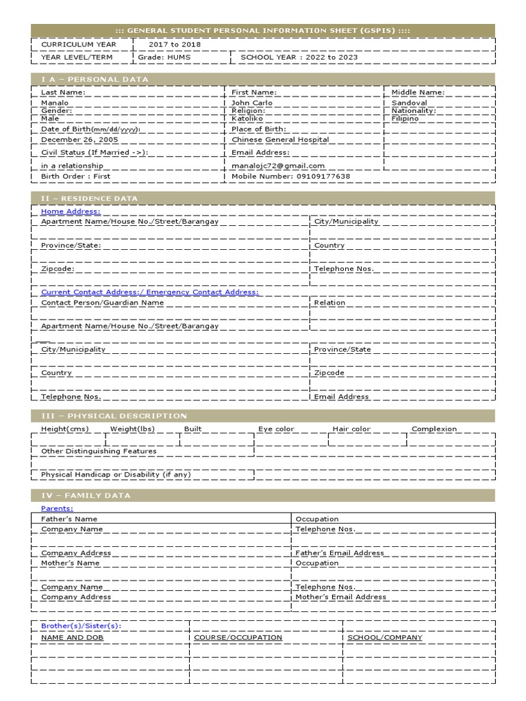 General Student Personal Information Sheet | PDF