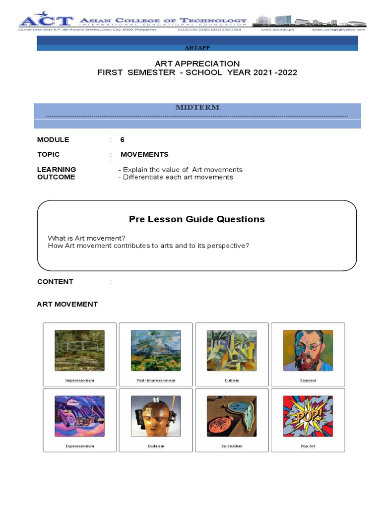 Artapp Module 06-Movements Midterm | PDF | Impressionism | Expressionism Artapp Module 06-Movements Midterm | PDF | Impressionism | Expressionism