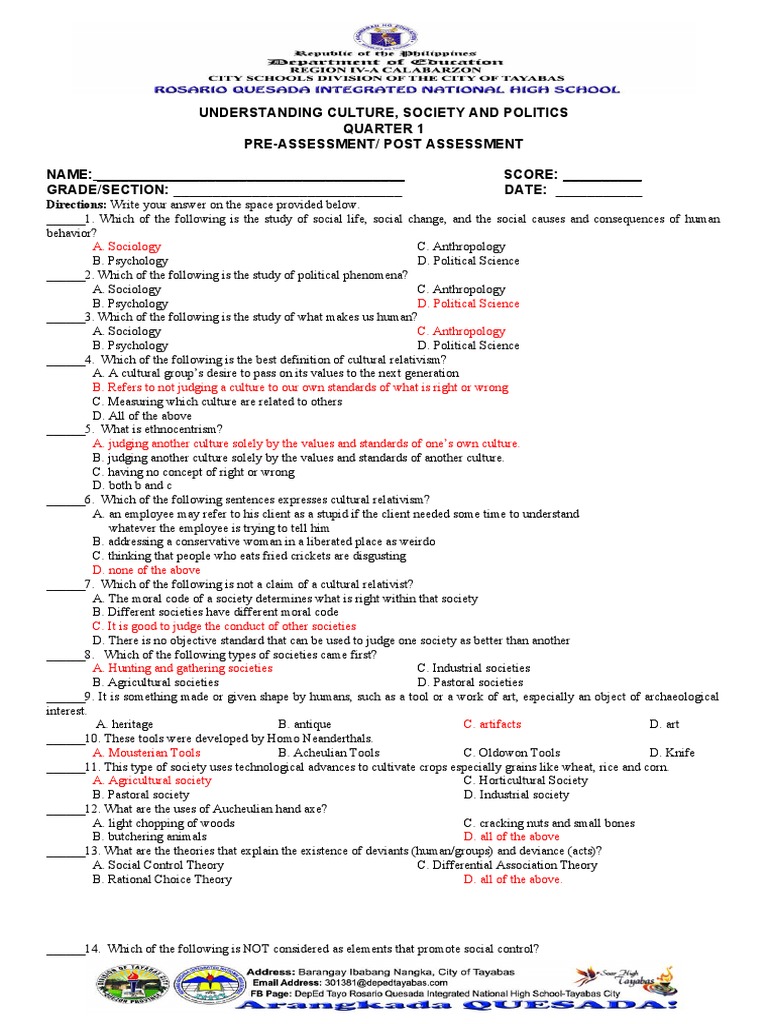 Understanding Culture, Society, and Politics Pre-Assessment | PDF | Society | Deviance (Sociology)