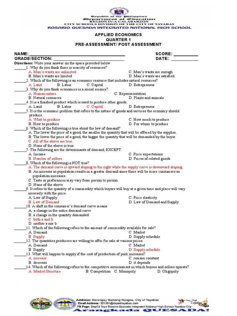 Applied Economics Pre-Assessment | PDF | Supply (Economics) | Supply And Demand