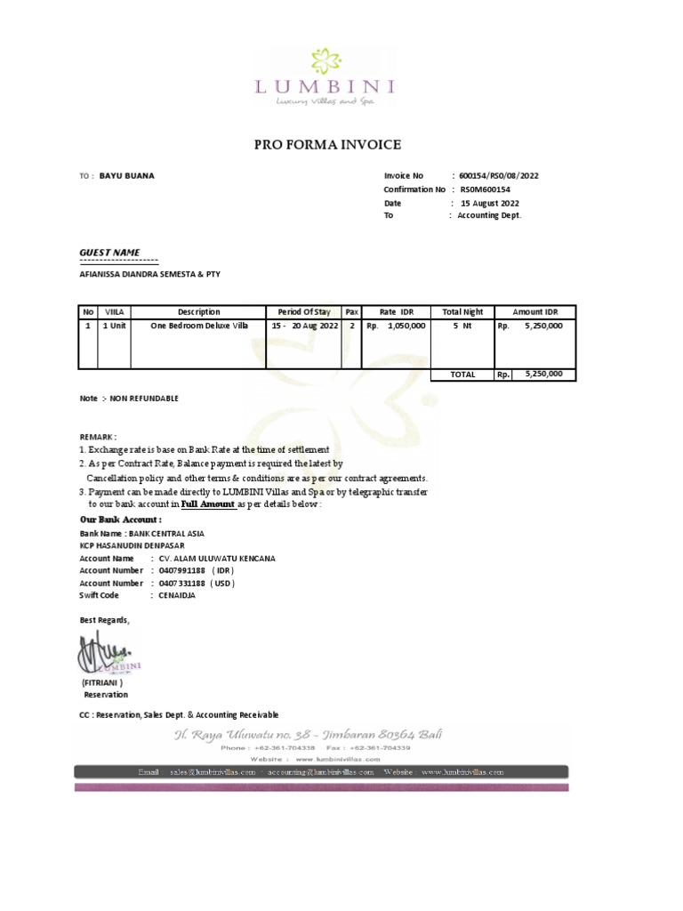 Pro Forma Invoice Ms. Affianissa Diandra Semesta & Pty Stay 15 - 20 Aug 2022 | PDF | Finance ...