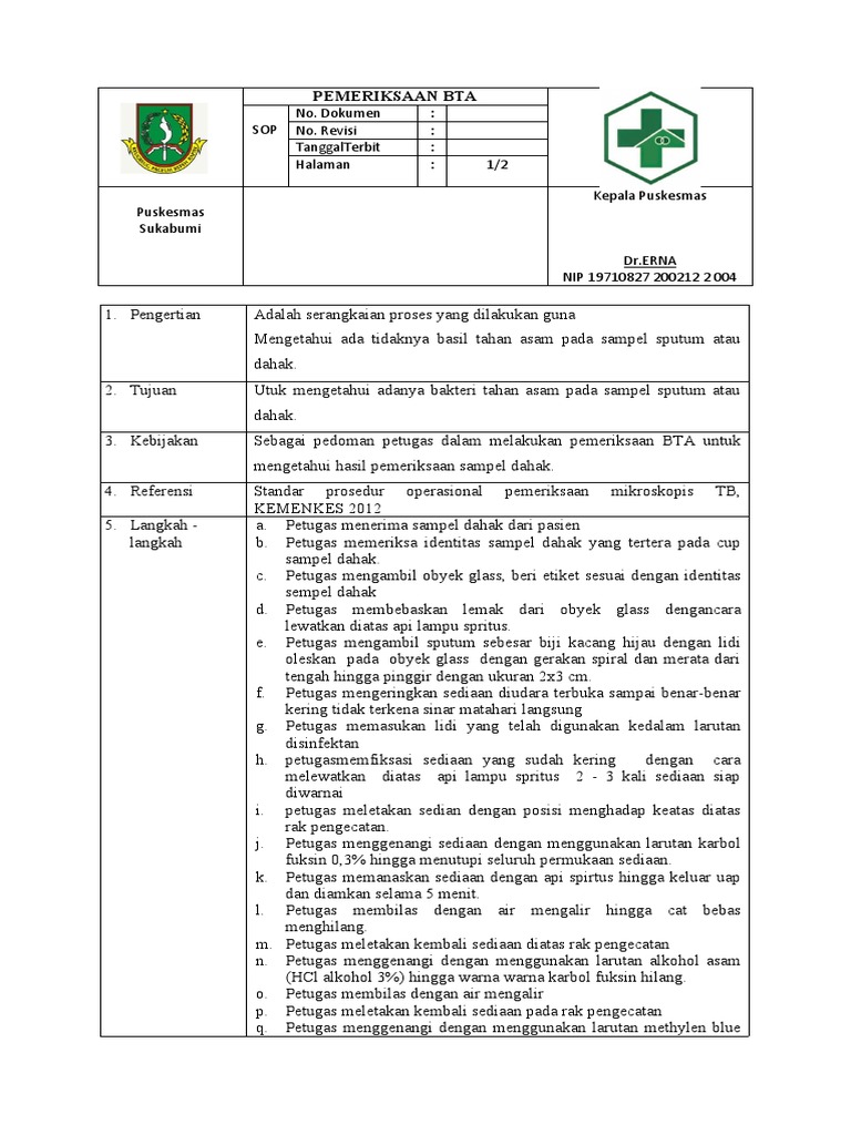 8.1.1.1 SOP Pemeriksaan BTA | PDF