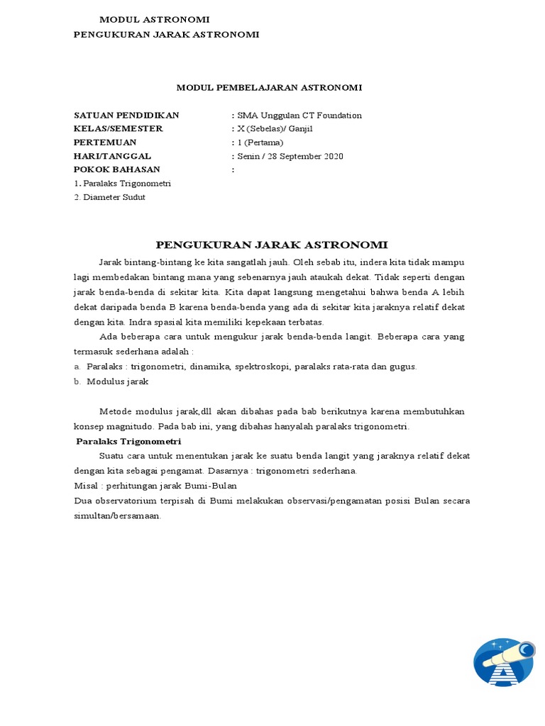 Modul Pengukuran Jarak Astronomi (Senin 28 September 2020) | PDF Modul Pengukuran Jarak Astronomi (Senin 28 September 2020) | PDF