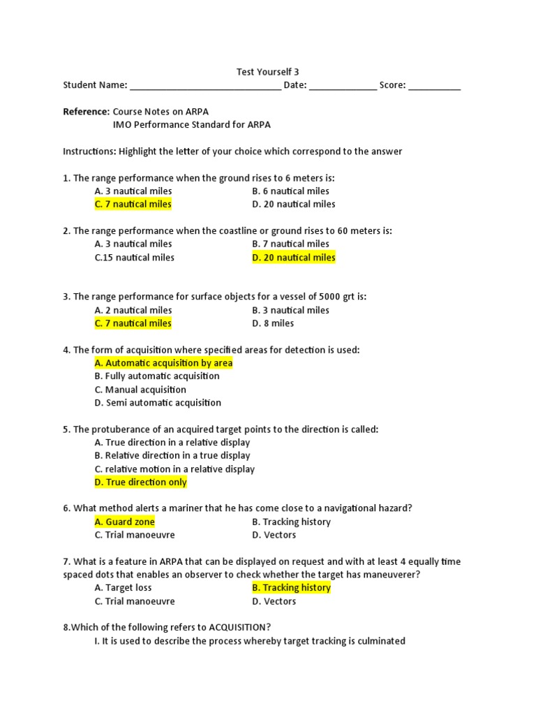 ARPA Test Yourself 3 - ANSWER KEY | PDF | Radar | Wireless