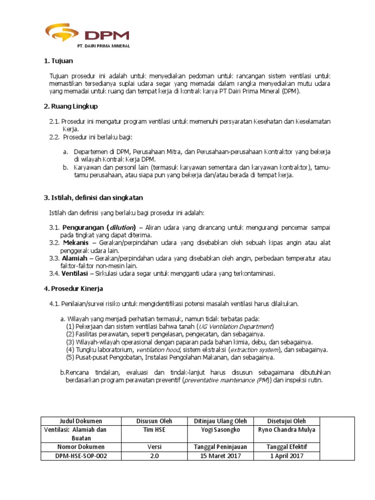 DPM-HSE-SOP-002 - Ventilasi Alamiah Dan Buatan - Tahoma - R | PDF