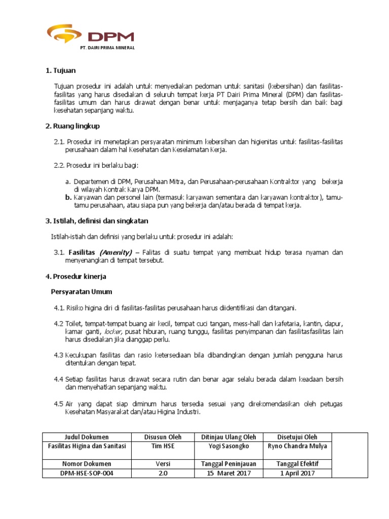 DPM-HSE-SOP-004 - Fasilitas Higina Dan Sanitasi - Tahoma - R | PDF ...