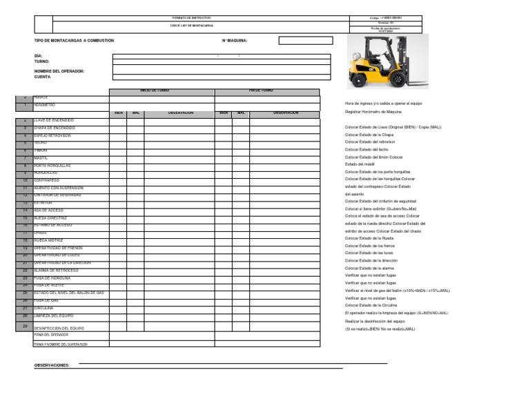 Lista de Verificación de Montacargas | PDF | Máquina elevadora ...