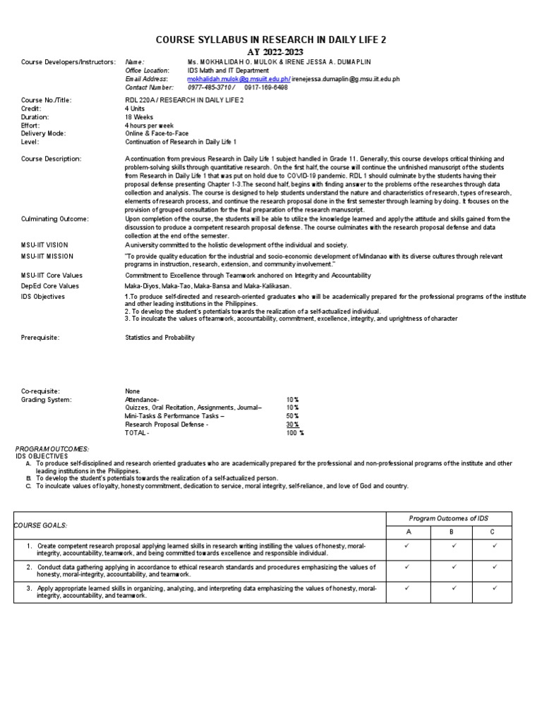Research in Daily Life 2 Syllabus | PDF | Rubric (Academic) | Integrity