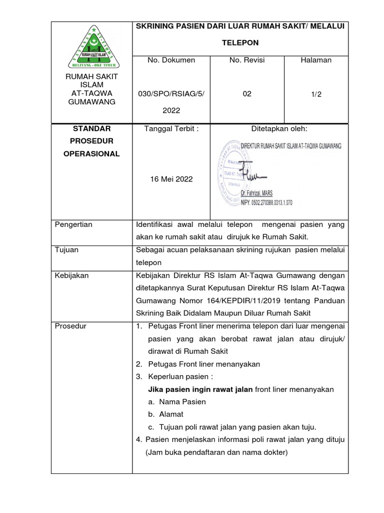 SPO Skrining Pasien Dari Luar RS, Melalui Telepon (FIX) | PDF