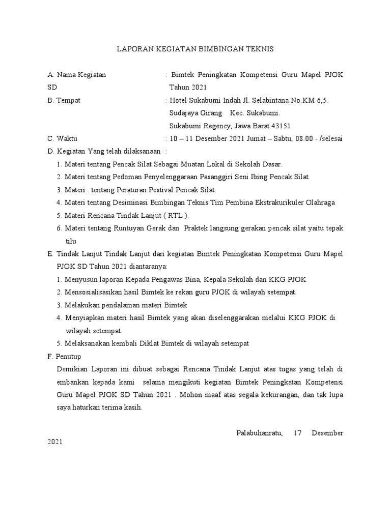 LAPORAN KEGIATAN BIMTEK PJOK 2021 Selembars | PDF