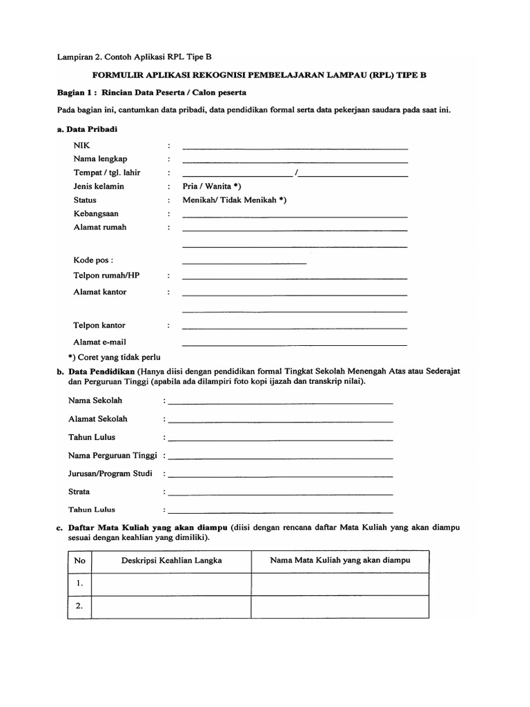 Contoh Formulir RPL Tipe B | PDF