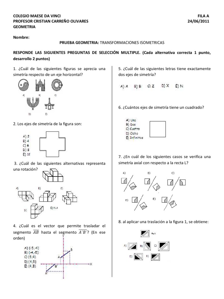 Guía de Transformaciones Isométricas 4° Básico | PDF