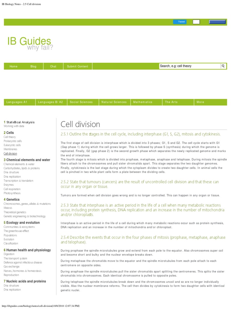 IB Biology Notes - 25 Cell Division | PDF | Mitosis | Cell (Biology)