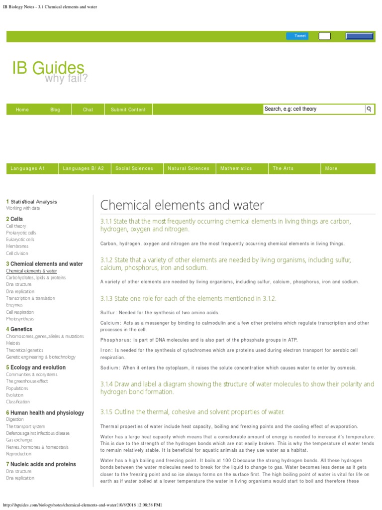 IB Biology Notes - 31 Chemical Elements and Water | PDF | Water | Cell ...