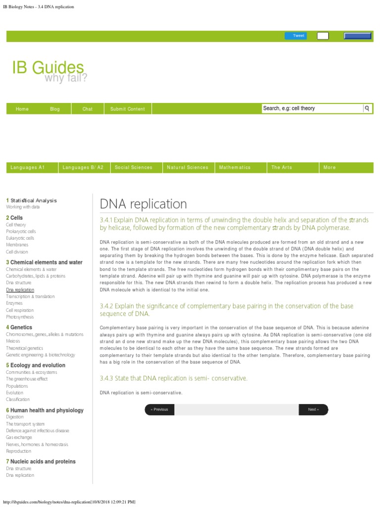 IB Biology Notes - 34 DNA Replication | PDF | Dna | Dna Replication