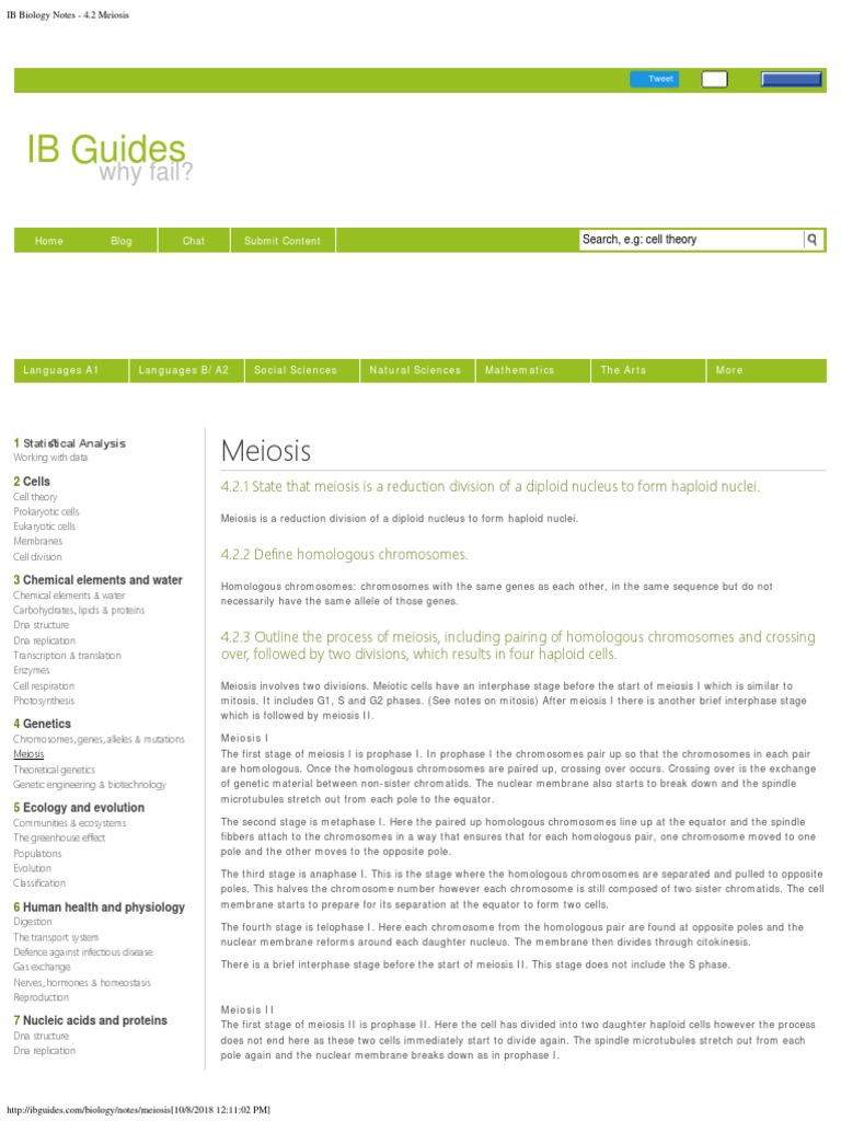 IB Biology Notes - 42 Meiosis | PDF | Meiosis | Chromosome