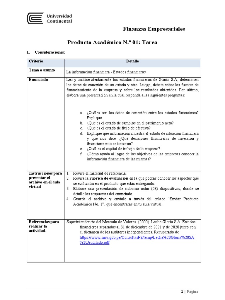 Producto Académico N.º 01: Tarea Finanzas Empresariales: 1. Consideraciones: Criterio Detalle ...