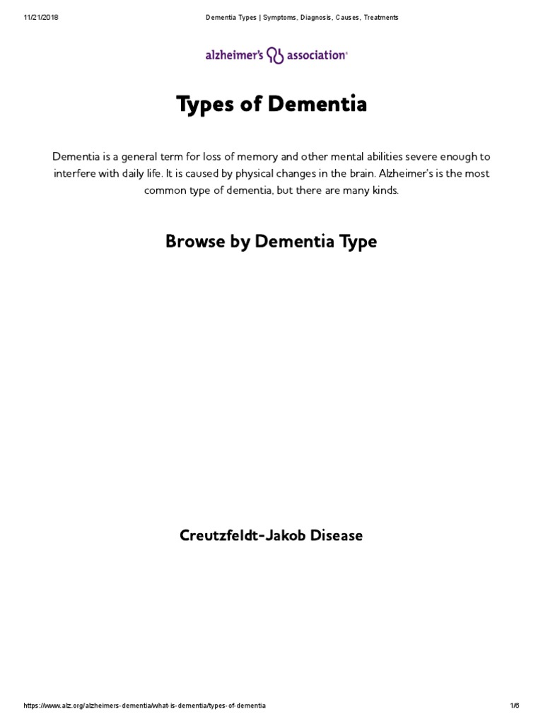 Dementia Types - Symptoms, Diagnosis, Causes, Treatments | PDF ...