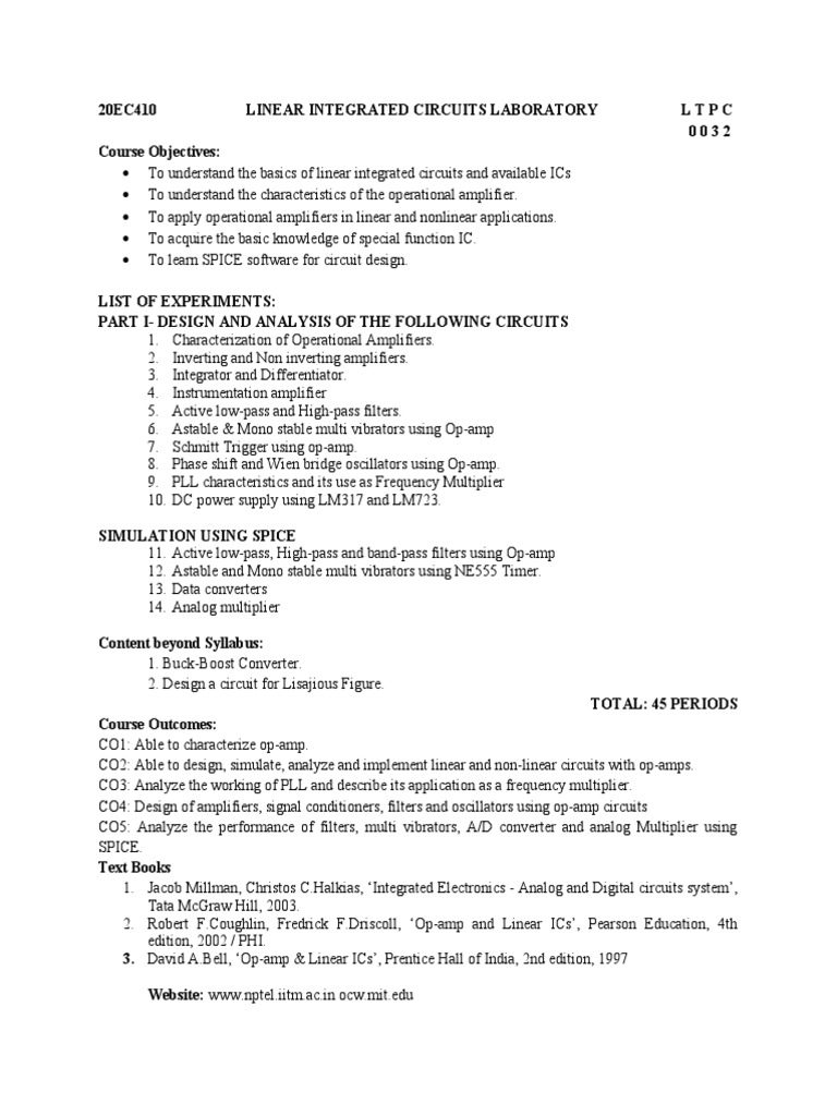 20ec410linear Integrated Circuits Laboratory | PDF | Science ...