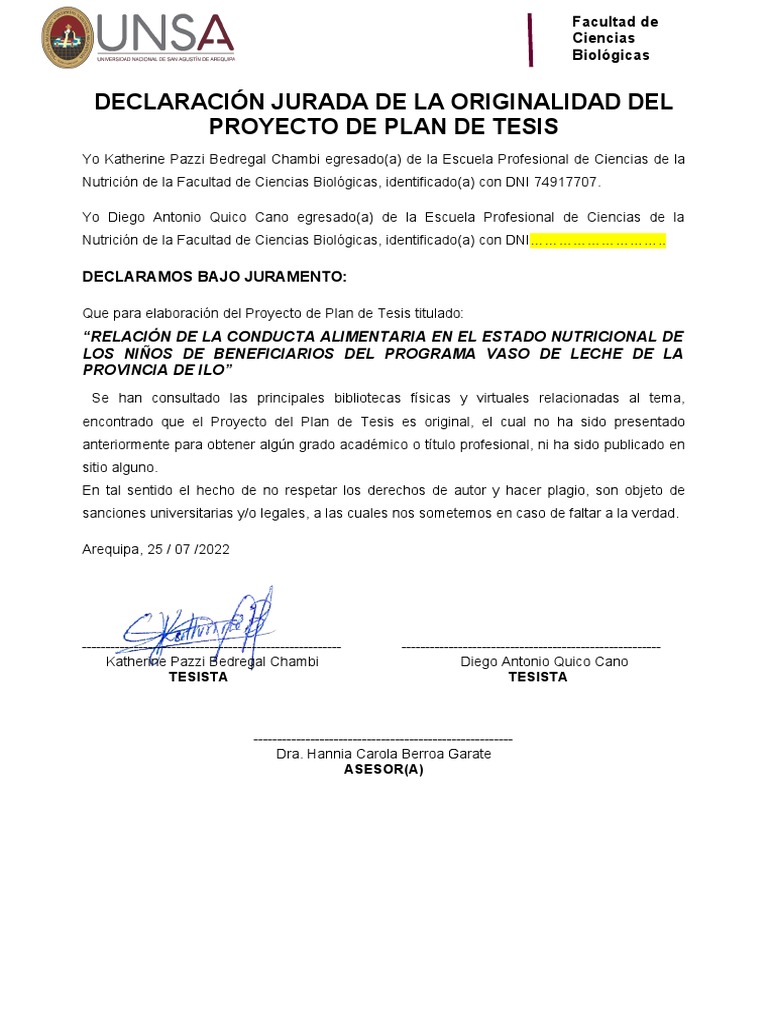 Declaración Jurada de Originalidad de Proyecto de Plan de Tesis | PDF