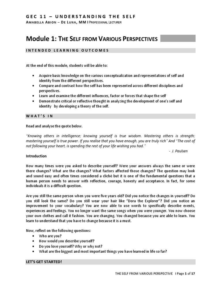 Module 1. The Self From Various Perspective | PDF | Id | Philosophical Theories