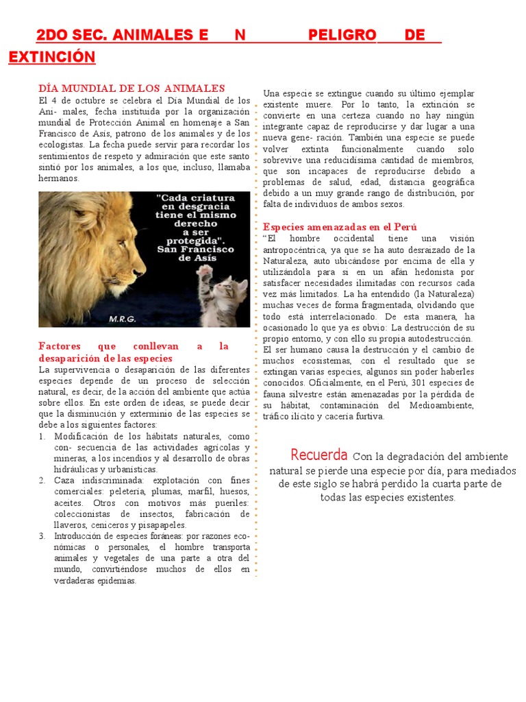 24 NOV Animales en Peligro de Extinción Segundo Grado de Secundaria ...