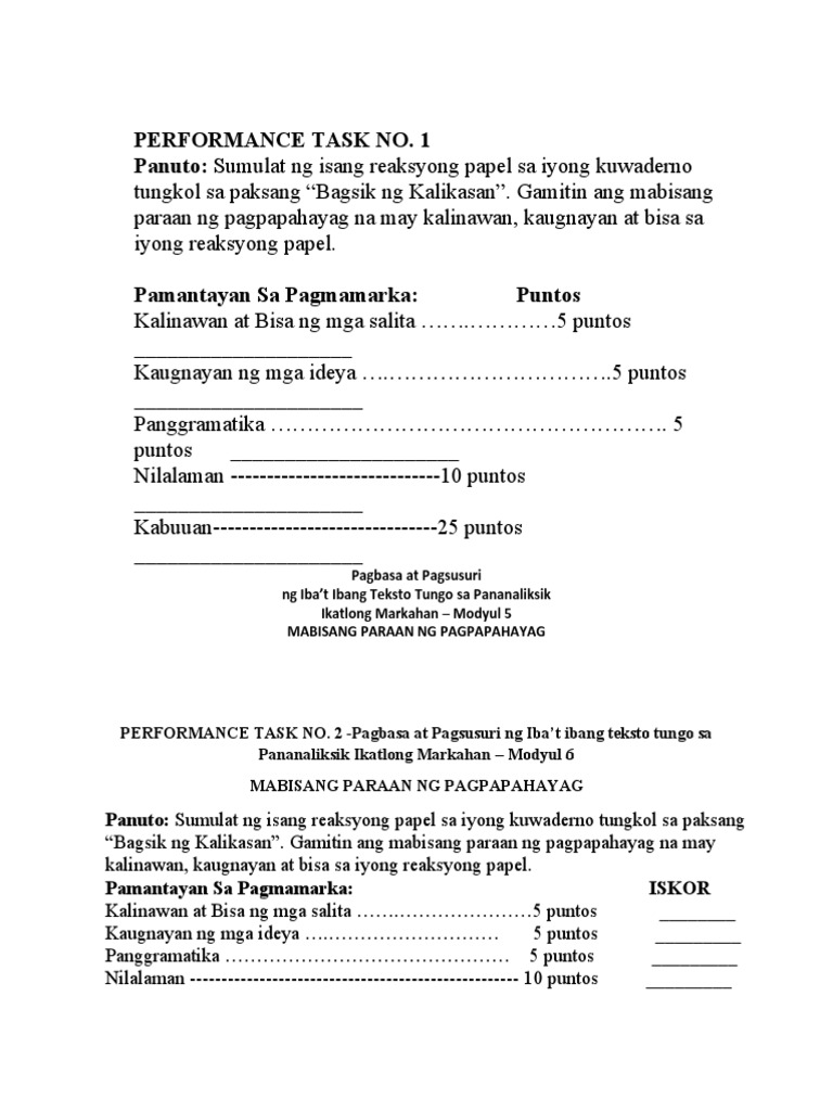 Performance Task 1, 2 Third Pagbasa | PDF