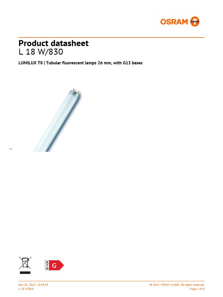 Product Datasheet: LUMILUX T8 - Tubular Fluorescent Lamps 26 MM, With ...