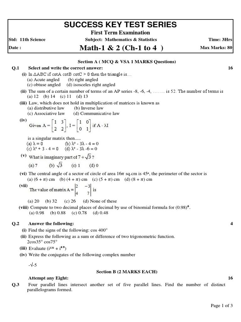 First Term Exam Math Q | PDF | Triangle | Matrix (Mathematics)