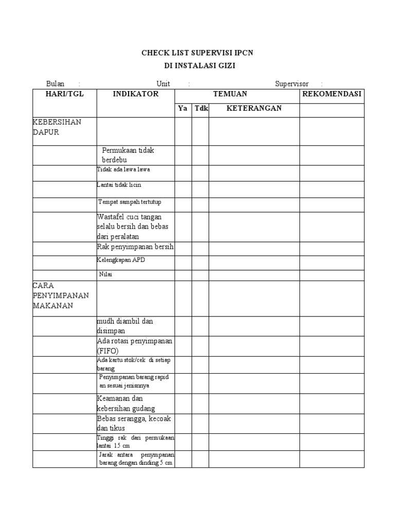 Check List Supervisi Ipcn Gizi | PDF