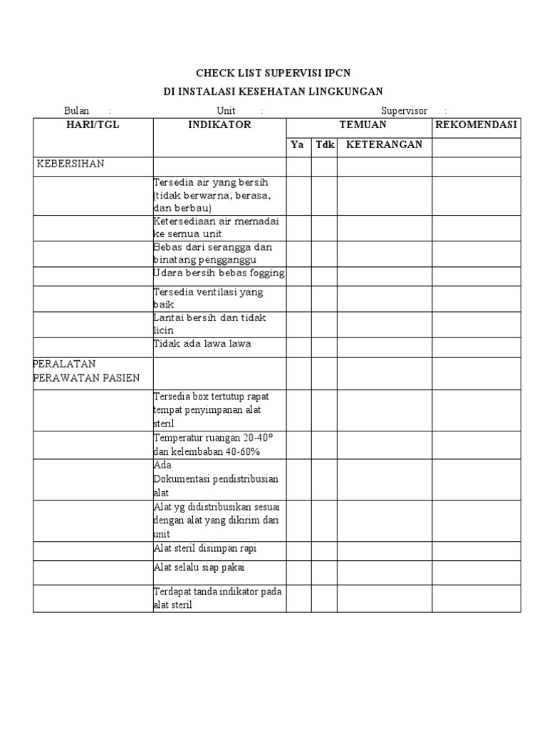 Check List Supervisi Ipcn Kesling | PDF