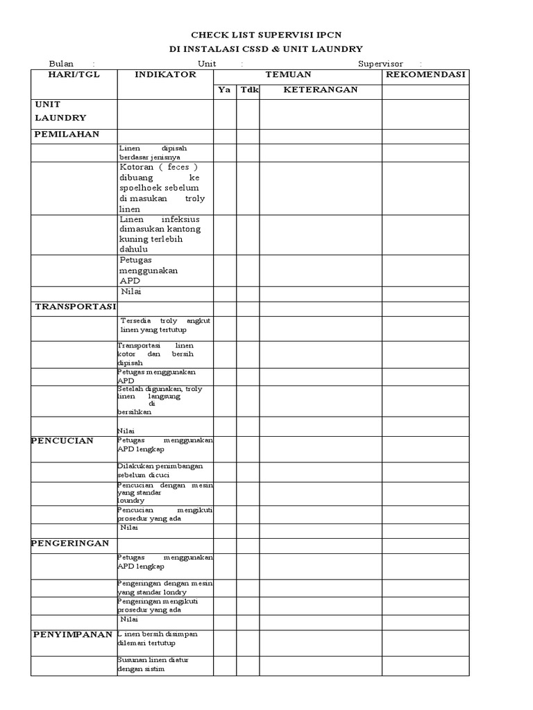 Check List Supervisi Ipcn Loundry & CSSD | PDF
