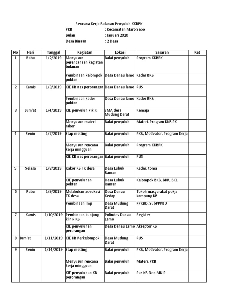Rencana Kerja Bulanan Penyuluh KB 2019 | PDF