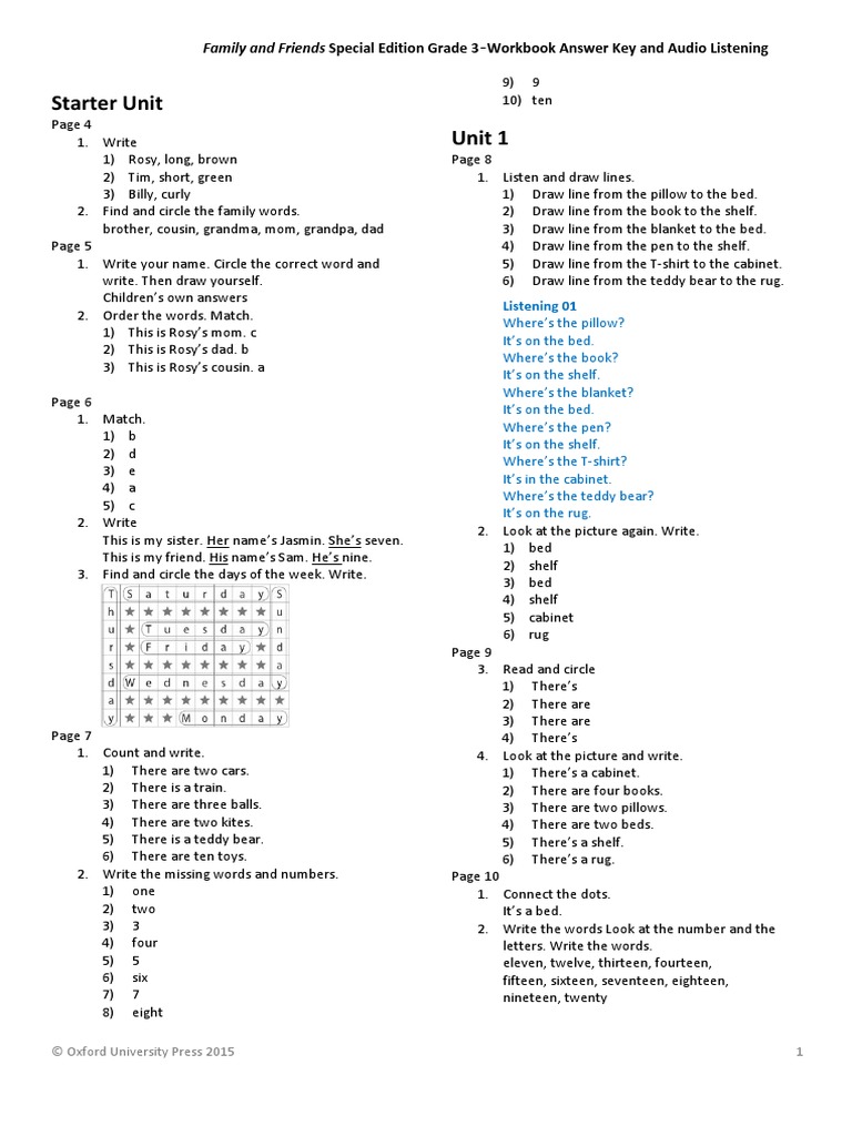 Family and Friends Special Edition 3 - Workbook - Answer Key&Script | PDF | Clothing