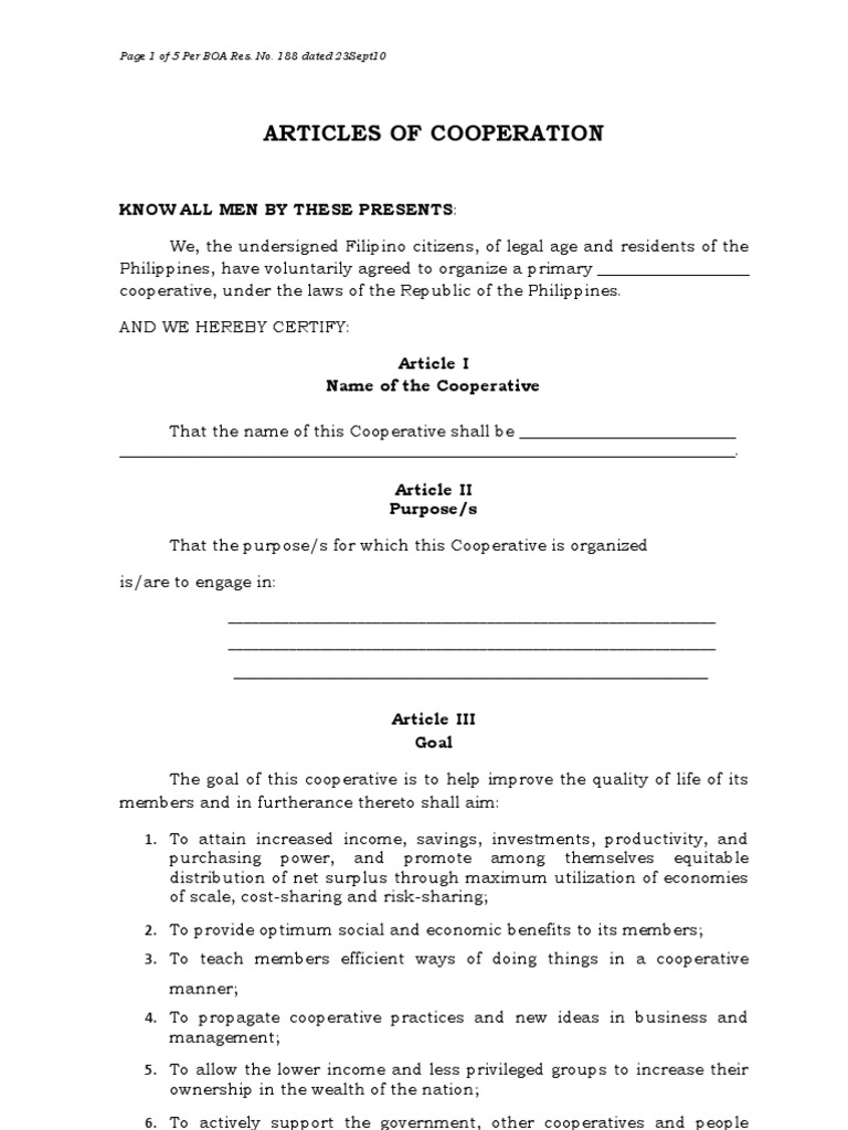 Pro-Forma Articles of Cooperation | Cooperative | Wealth