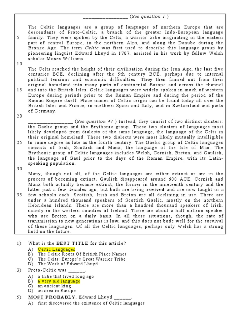 TOEFL Reading The Celts (Answer Key) | PDF | Celts | Languages Of Europe