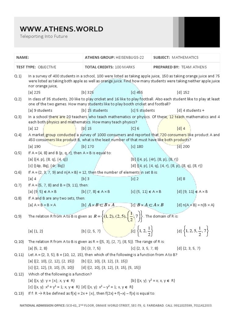 ATHENS: Class: 11, Topic: Relation and Function | PDF | Function ...
