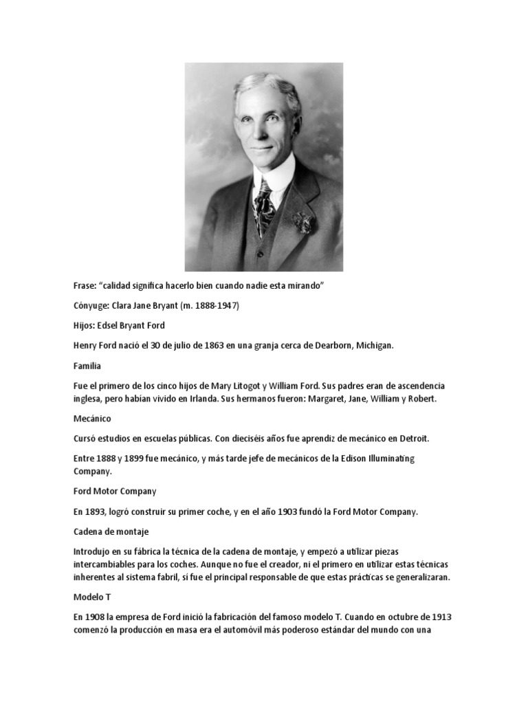 Biografía de Henry Ford y su legado | PDF | Compania de motores ford ...