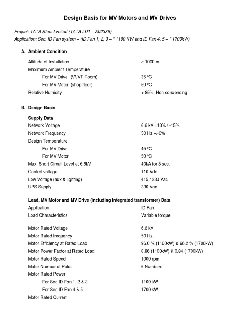 Design Basis For MV Drive and Motor - RA | PDF | Electric Motor ...
