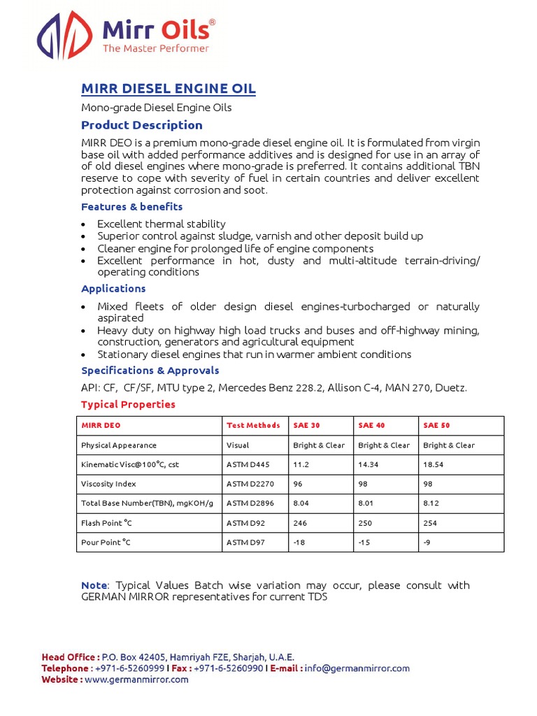 Mirr Diesel Engine Oil CF Sae 30, 40, 50 TDS | PDF