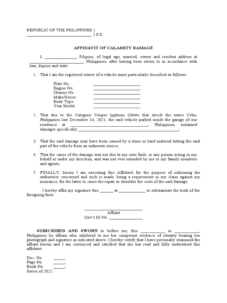 Affidavit of Calamity Damage (For Typhoon Odette) | PDF | Affidavit ...