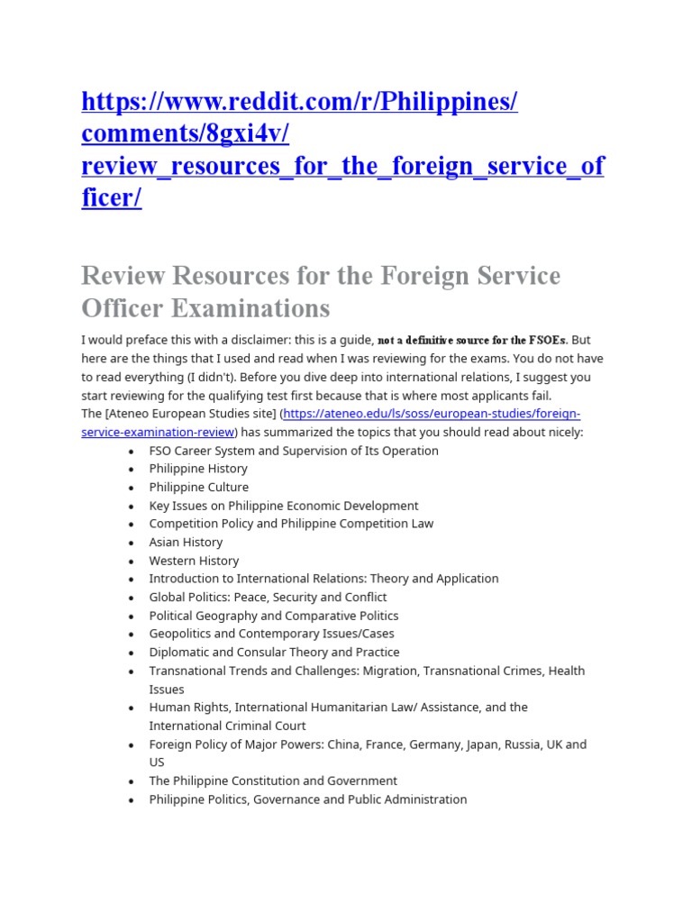 Review Resources For The Foreign Service Officer Examinations | PDF ...